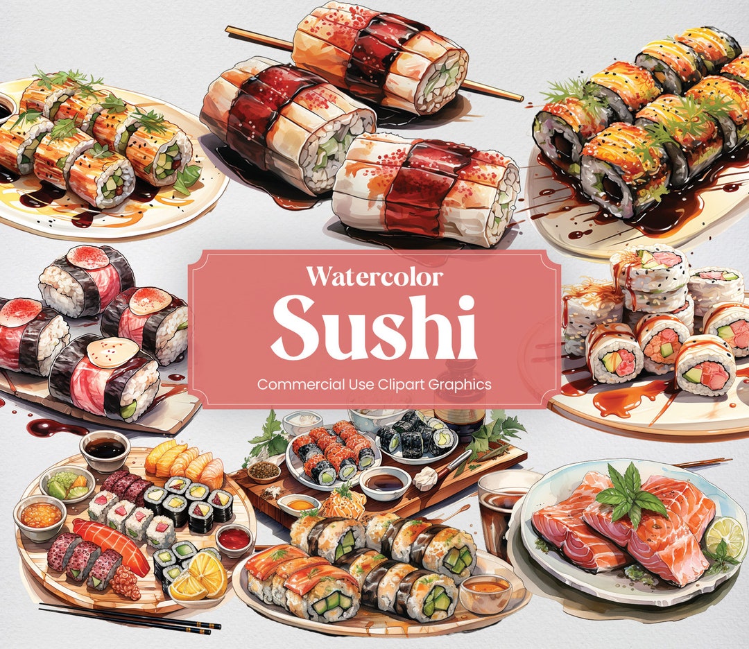 Watercolor Sushi, 19 Japanese Cuisine Nigiri Maki Sashimi Seawead Rice ...
