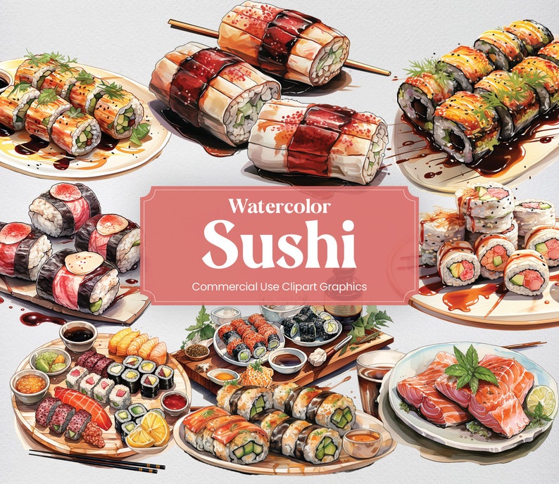 Watercolor Sushi, 19 Japanese Cuisine Nigiri Maki Sashimi Seawead Rice ...