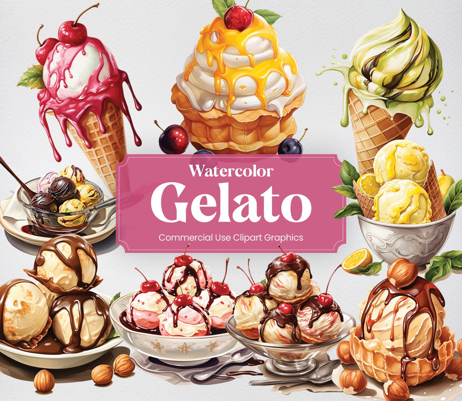 Watercolor Gelato, 55 Italian Cuisine, Food Culture Culinary Eating ...