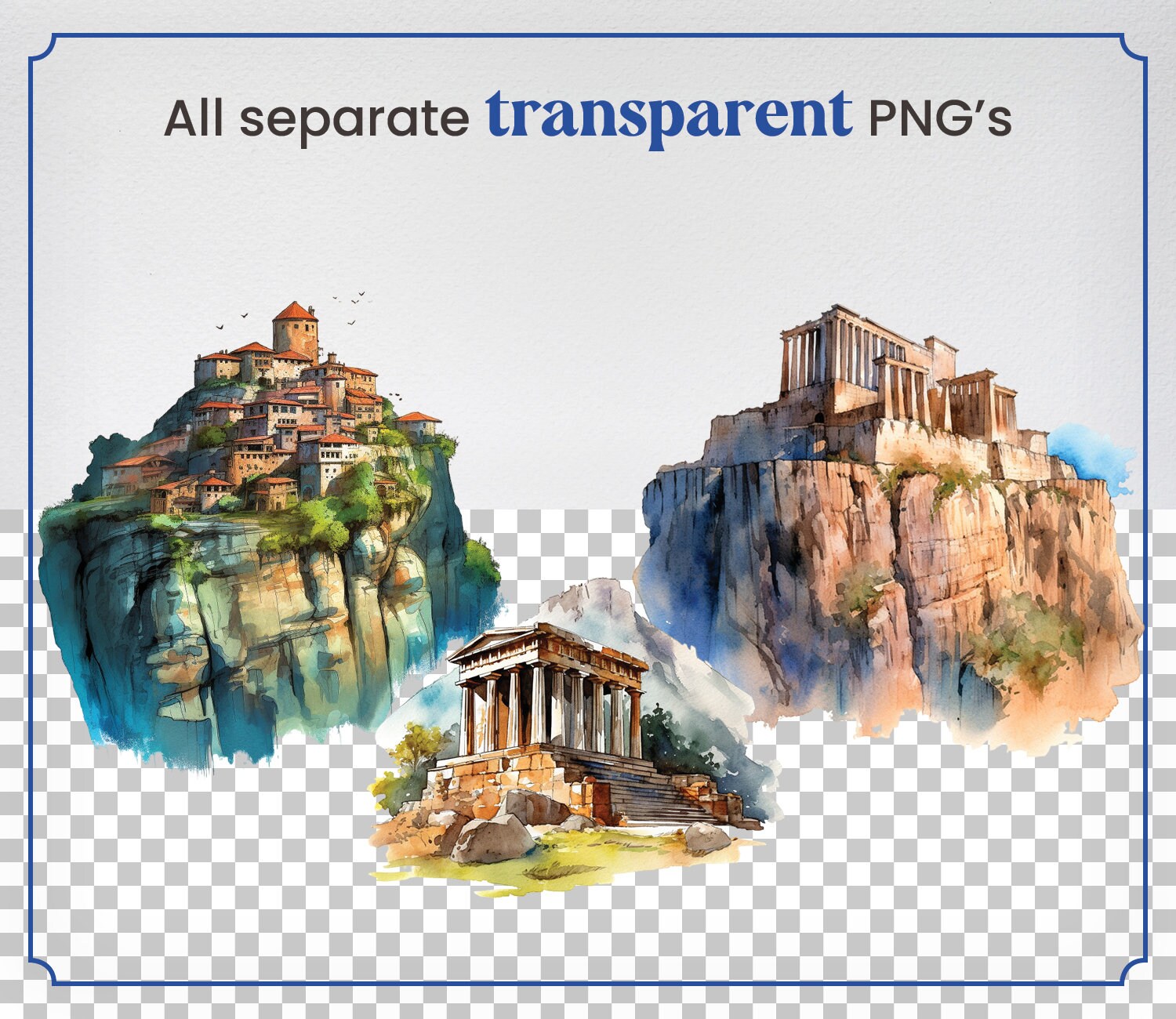 Watercolor Greece, 40 Greek Landmarks, Travel Vacation Holiday Digital ...