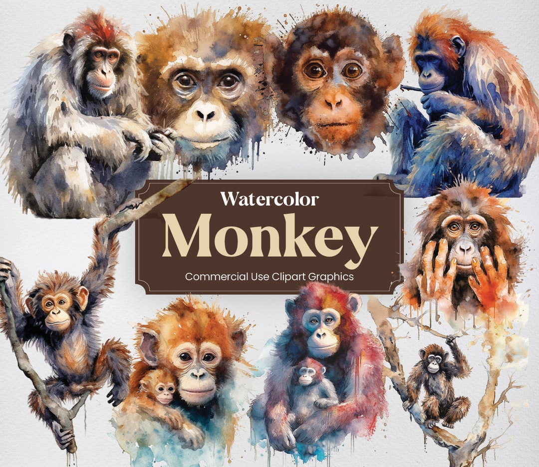 Watercolor Monkey, 20 Cute Monkeys, Jungle Animal Digital Prints ...