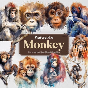Watercolor Monkey, 20 Cute Monkeys, Jungle Animal Digital Prints ...