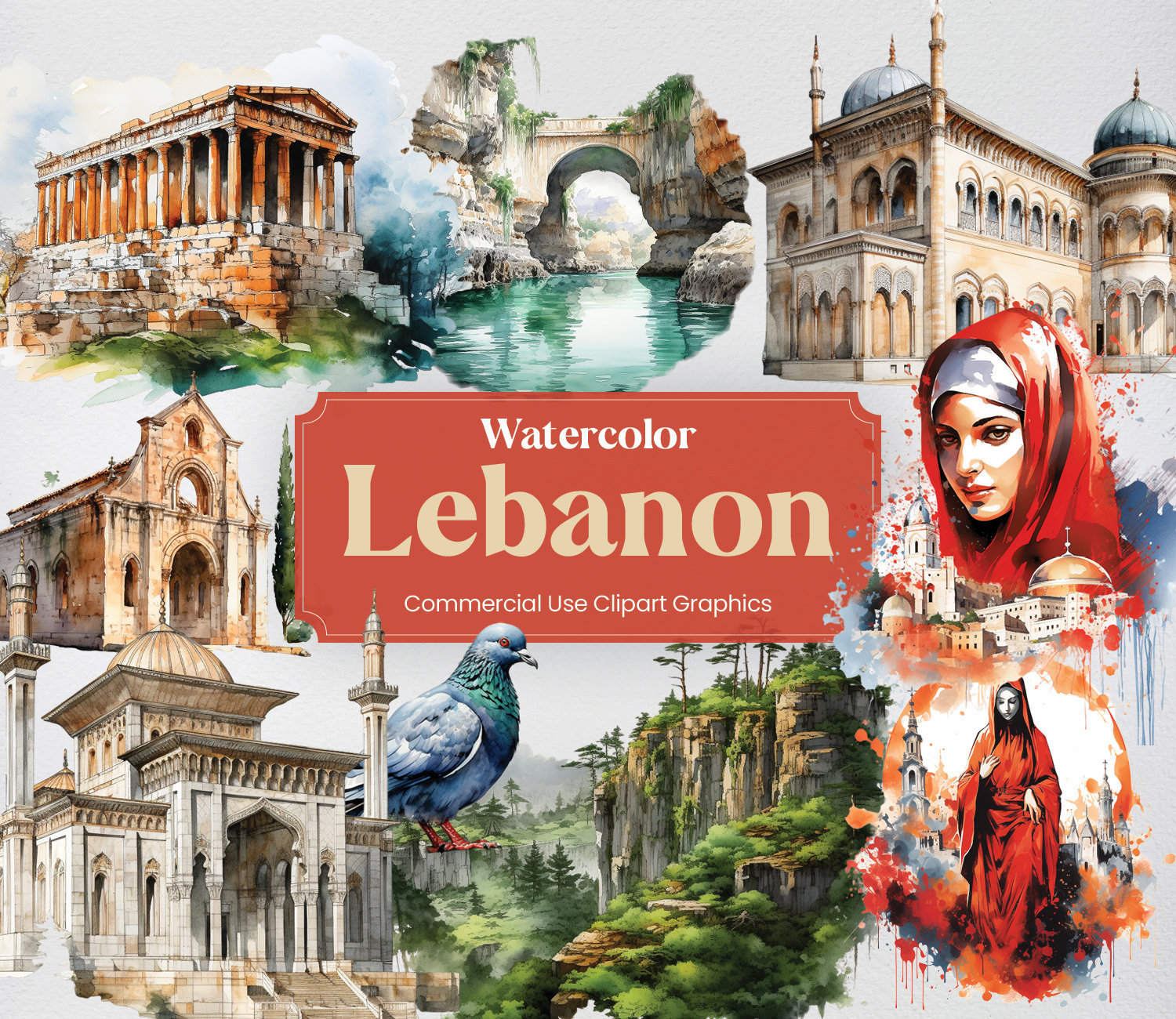 Watercolor Lebanon, 39 Lebanese Landmarks, Travel Vacation Holiday ...