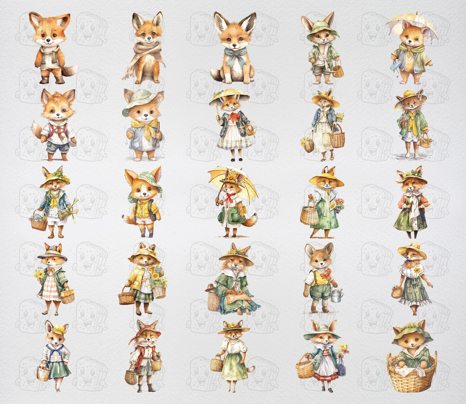 Watercolor Fox in Dress, 25 Cute Foxes in Clothes Clipart, Digital ...