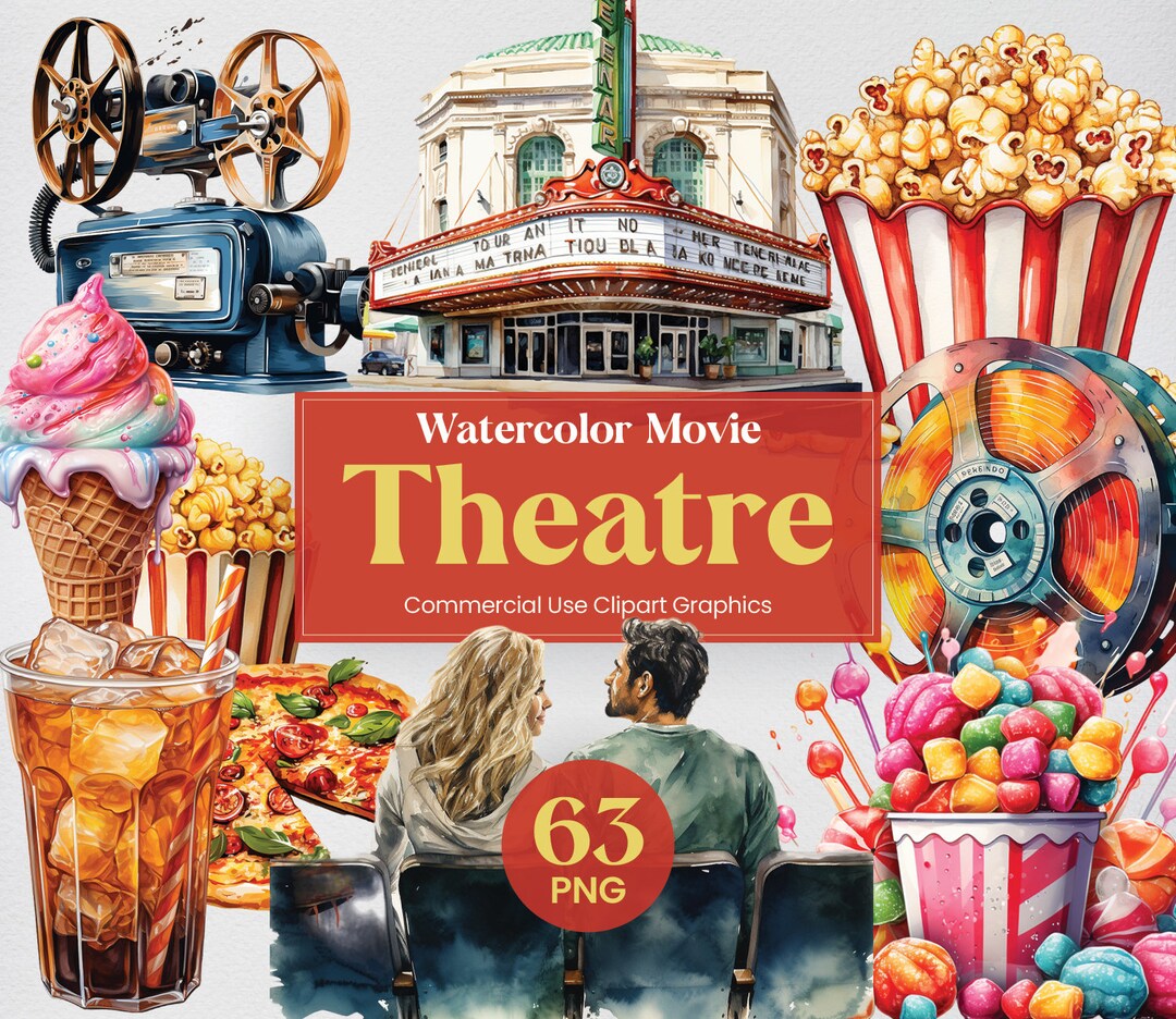 Watercolor Movie Theatre, 63 Cinema Clipart Mega Bundle Digital Prints ...