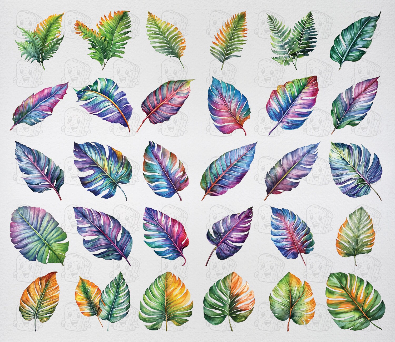 Watercolor Tropical Leaves Clipart, 60 Island Leaf Bundle. Flora ...