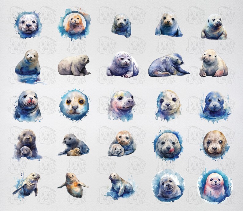 Watercolor Seal, 25 Cute Baby Seals, Digital Marine Animal Prints, Blue ...
