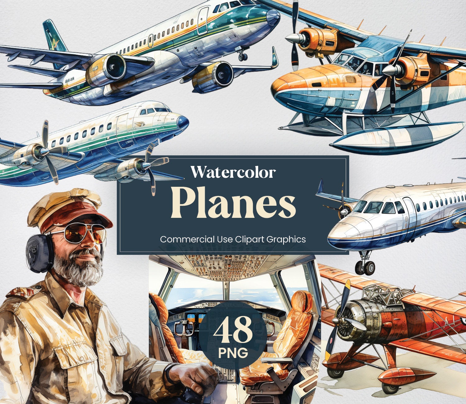Watercolor Plane, 48 Airplane Clipart, Travel Aircraft Digital Prints ...