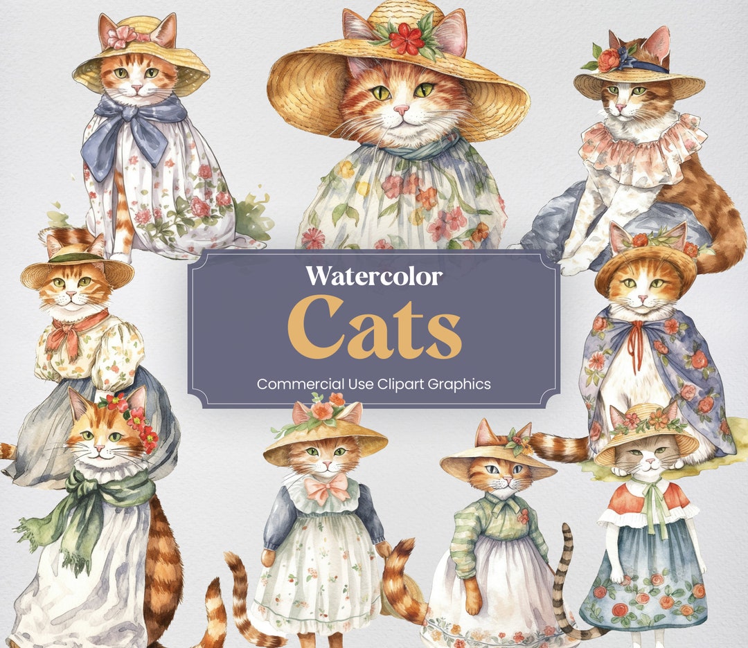Watercolor Orange Cat in Dresses, 21 Cute Clipart, Animal Digital ...