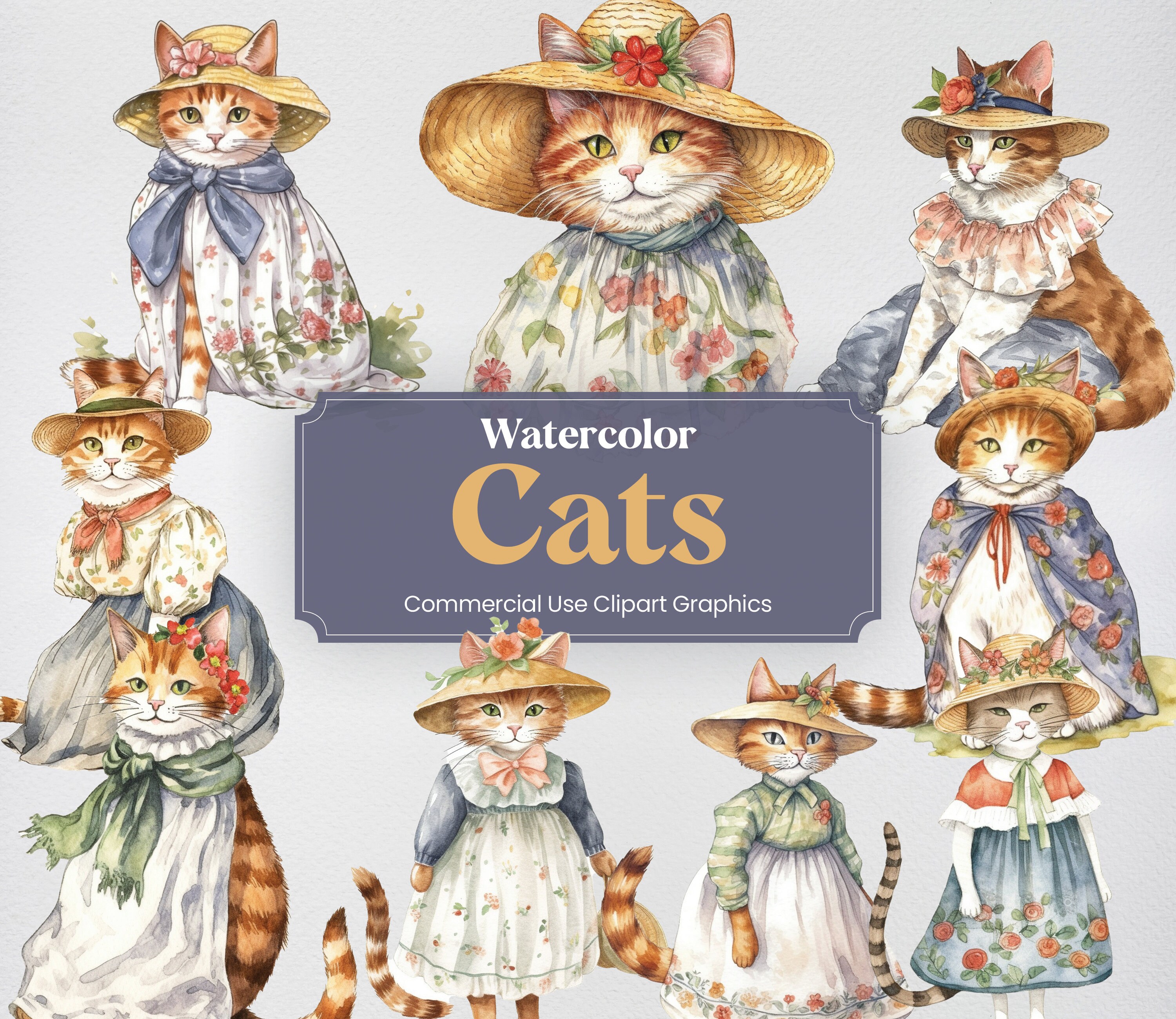 Watercolor Orange Cat in Dresses, 21 Cute Clipart, Animal Digital ...