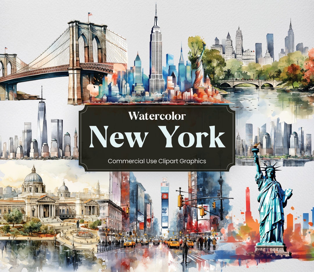 Watercolor New York, 25 New Yorker Landmarks, Travel Vacation Holiday ...