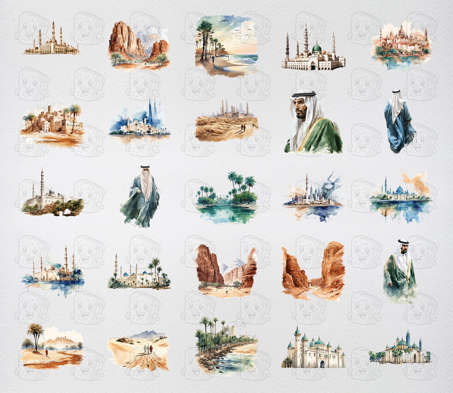 Watercolor Saudi Arabia, 42 Arabian Landmarks, Travel Vacation Digital ...