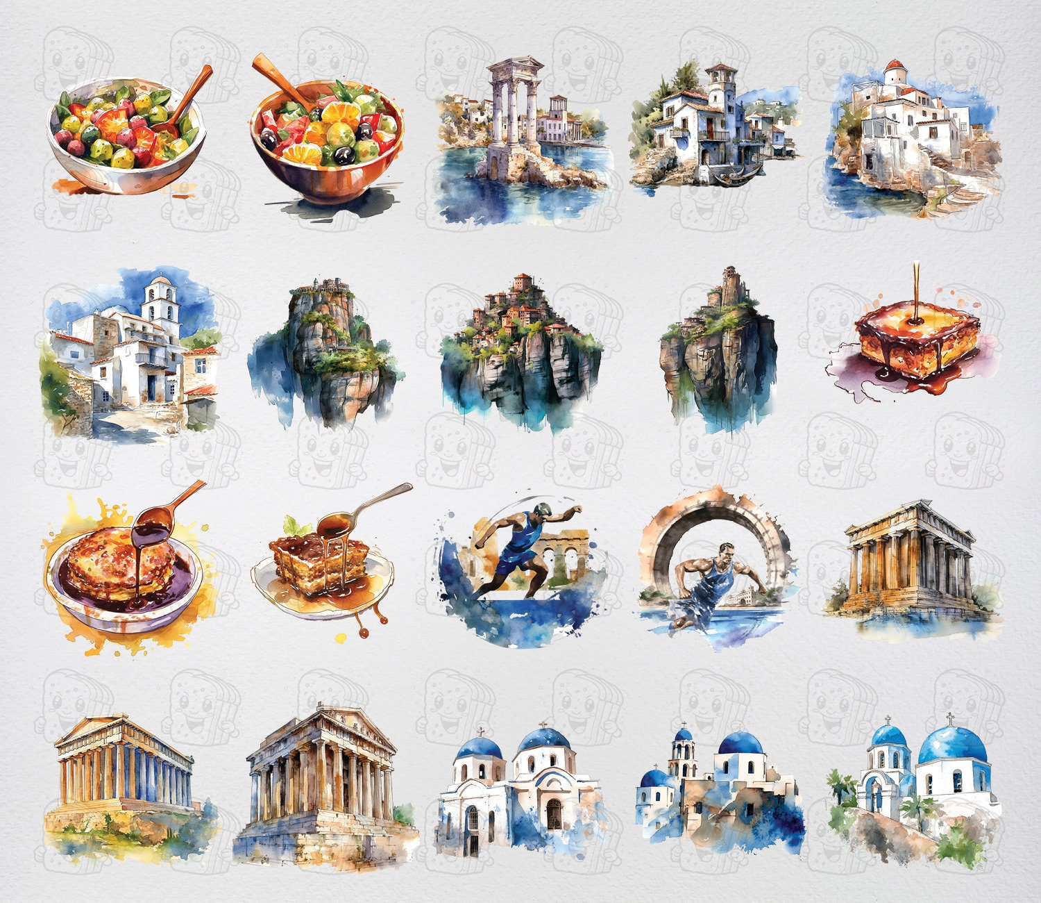 Watercolor Greece, 40 Greek Landmarks, Travel Vacation Holiday Digital ...