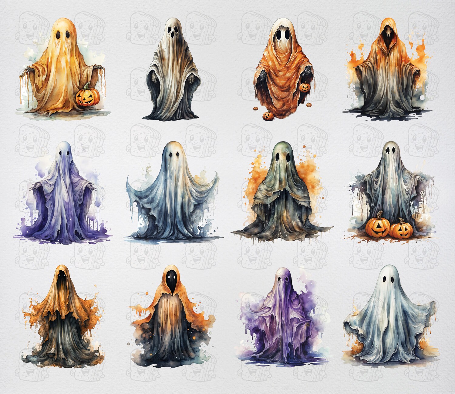 Watercolor Halloween Ghost, 12 Spooky Clipart, Scary H'ween Digital ...