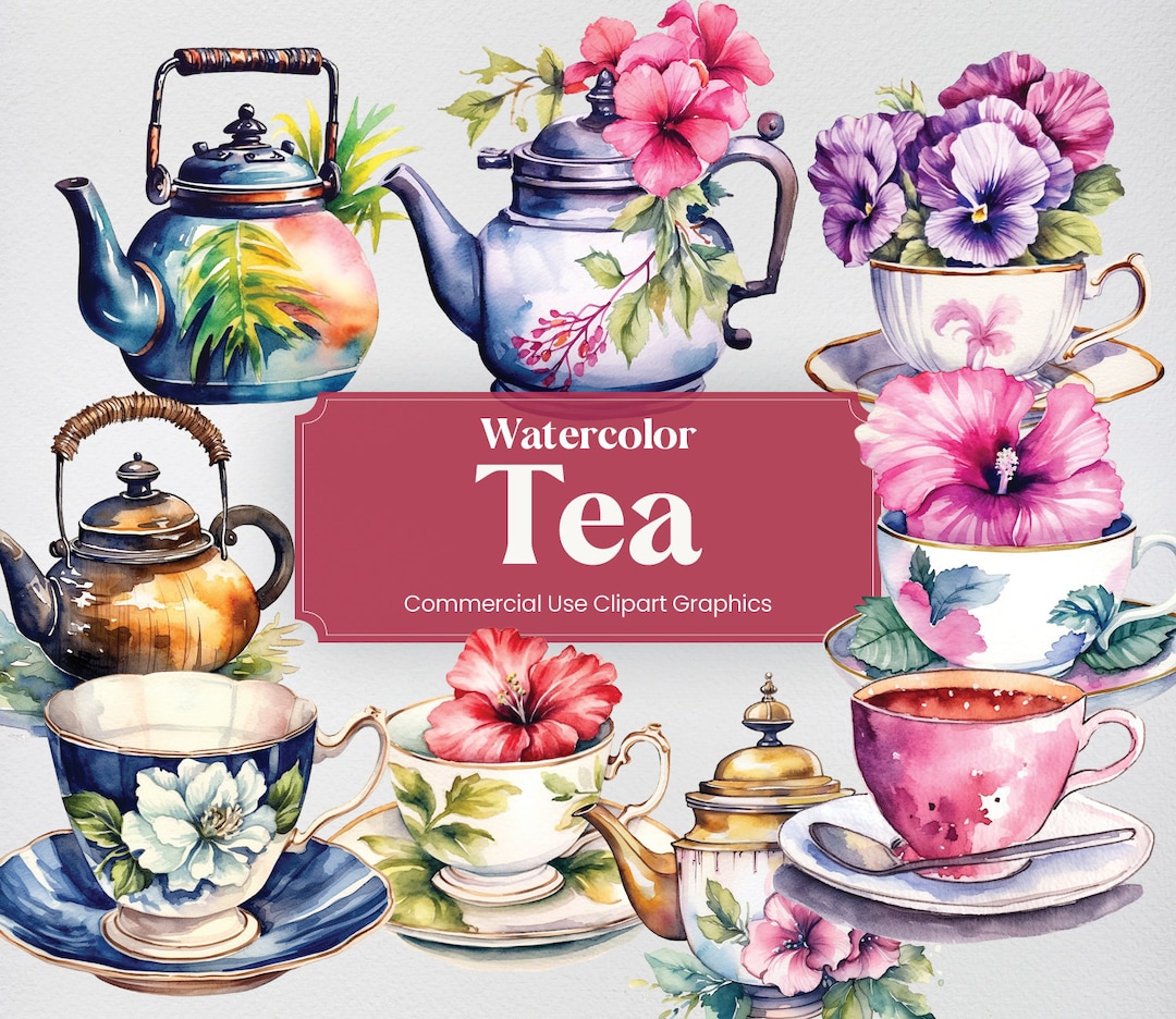 Watercolor Tea Set, 47 Tea Clipart, Herbal Tea Pots Cups Leaves Teabags ...