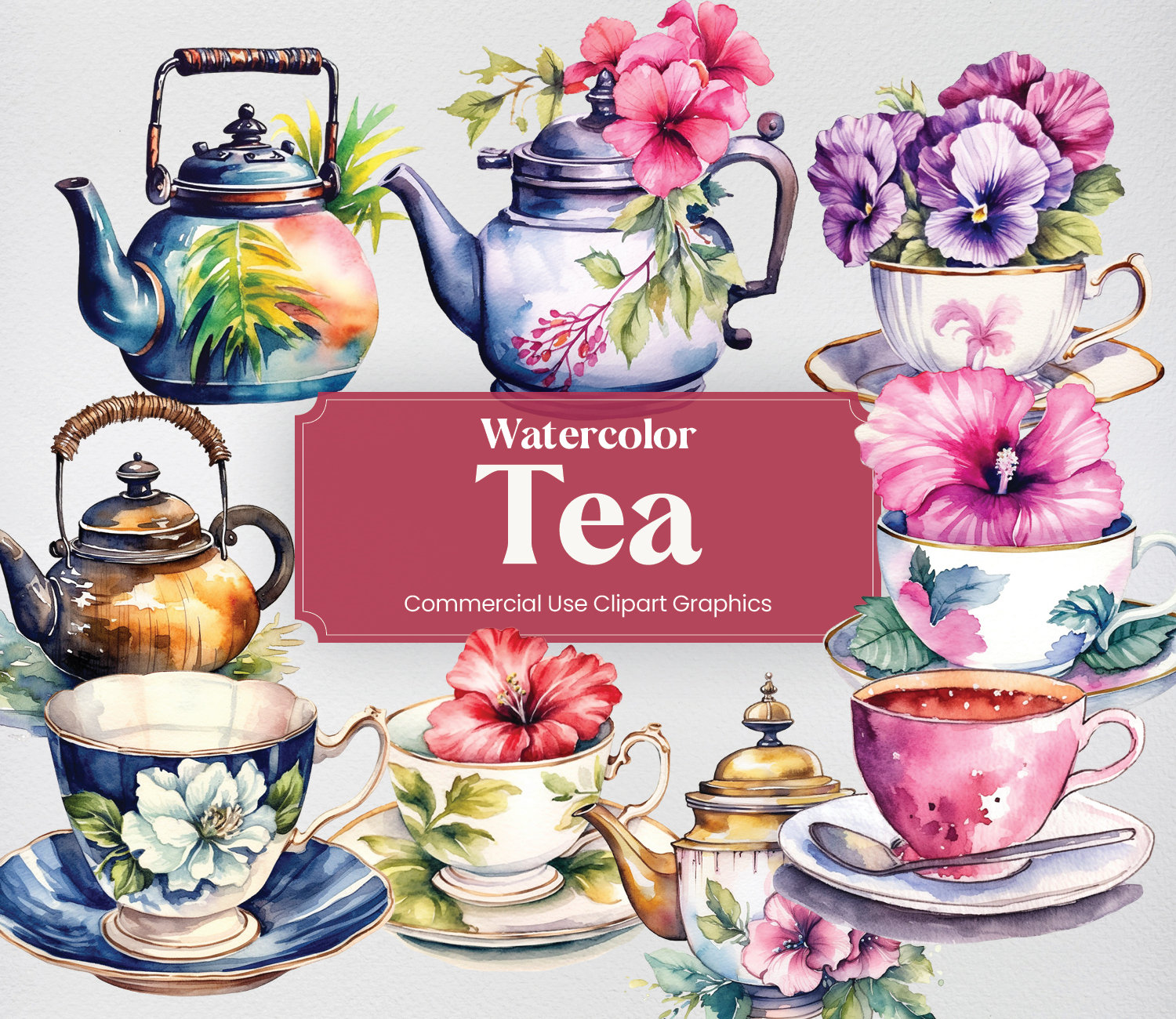 Watercolor Tea Set, 47 Tea Clipart, Herbal Tea Pots Cups Leaves Teabags ...