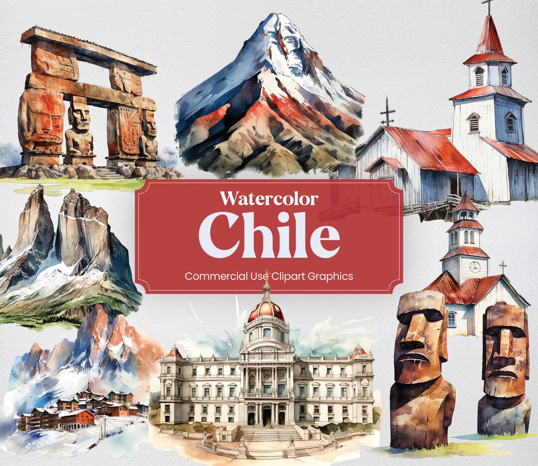 Watercolor Chile, 47 Chilean Landmarks, Travel Vacation Holiday Digital ...