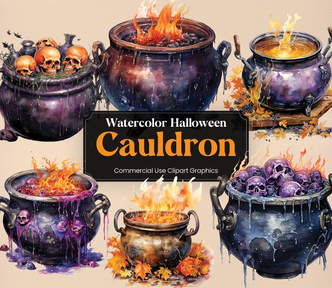 Watercolor Halloween Cauldron, 11 Spooky Witch Clipart, Scary H'ween ...