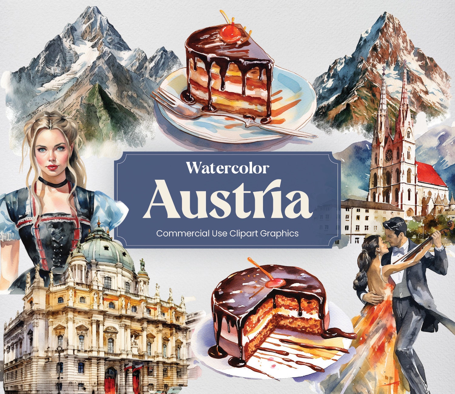 Watercolor Austria, 34 Austrian Landmarks, Vacation Holiday Digital ...