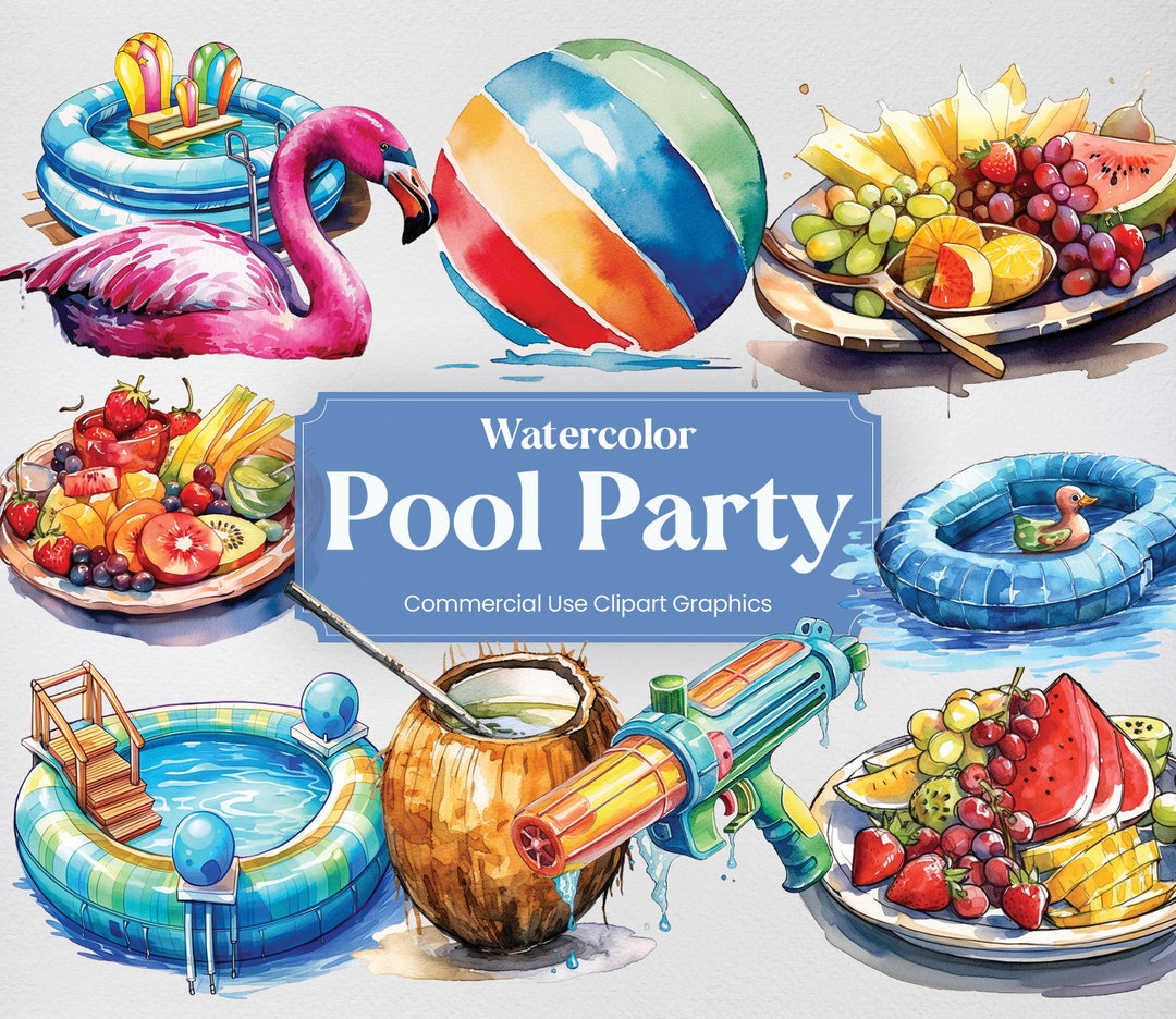 Watercolor Pool Party, 29 Summer Day Clipart,swimming Sunny Day Digital ...