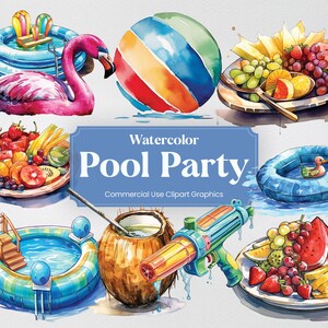 Watercolor Pool Party, 29 Summer Day Clipart,swimming Sunny Day Digital ...