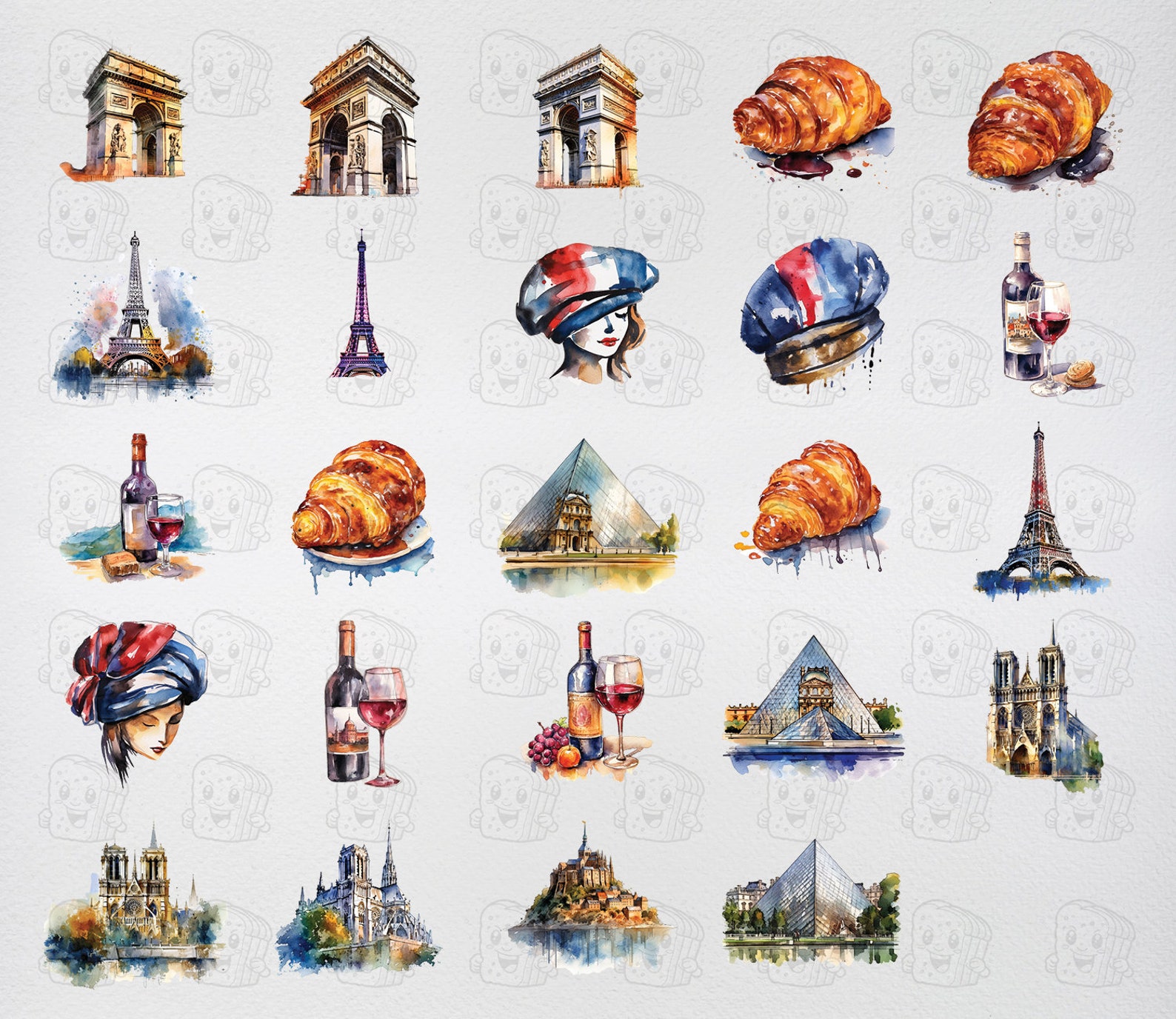 Watercolor France, 24 French Landmarks, Travel Vacation Holiday Digital ...