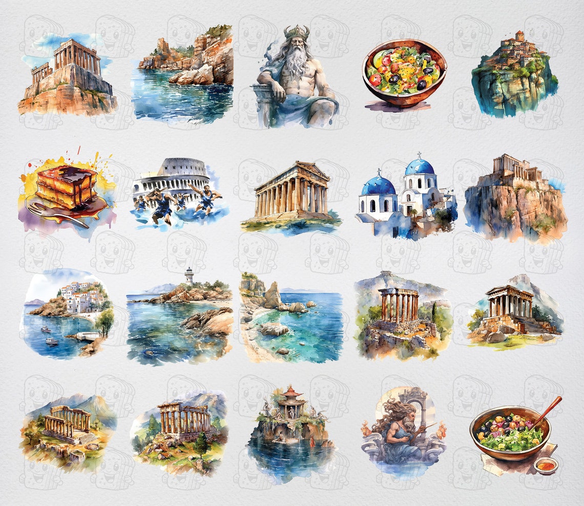 Watercolor Greece, 40 Greek Landmarks, Travel Vacation Holiday Digital ...