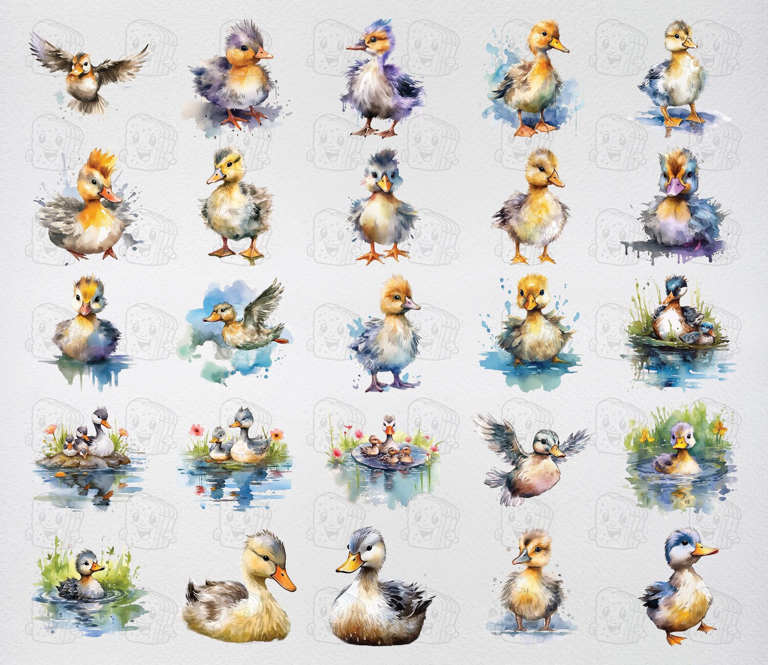 Watercolor Ducks, 25 Ducklings Clipart, Waddle of Ducks in Pond Digital ...