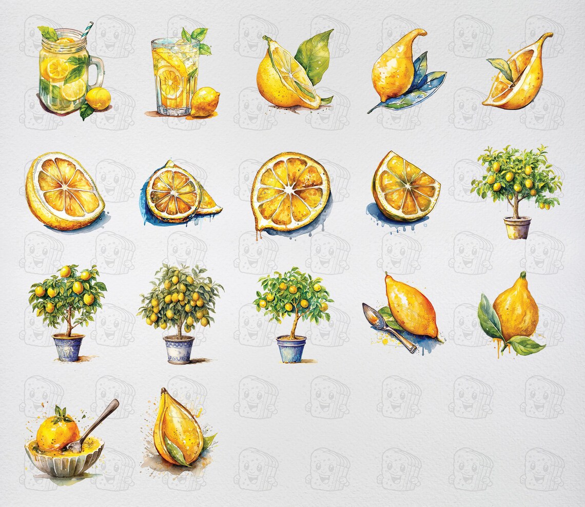 Watercolor Lemon, 37 Lemons Fruit Clipart, Plant and Tree Digital ...