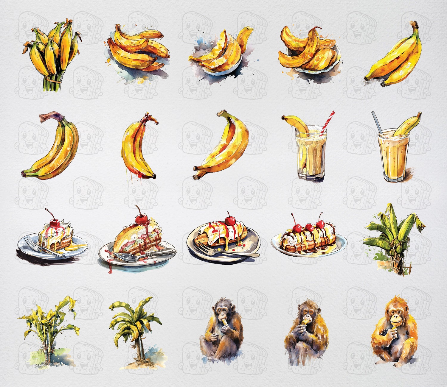 Watercolor Banana, 21 Fruit Bananas Clip Art, Plant and Tree Digital ...