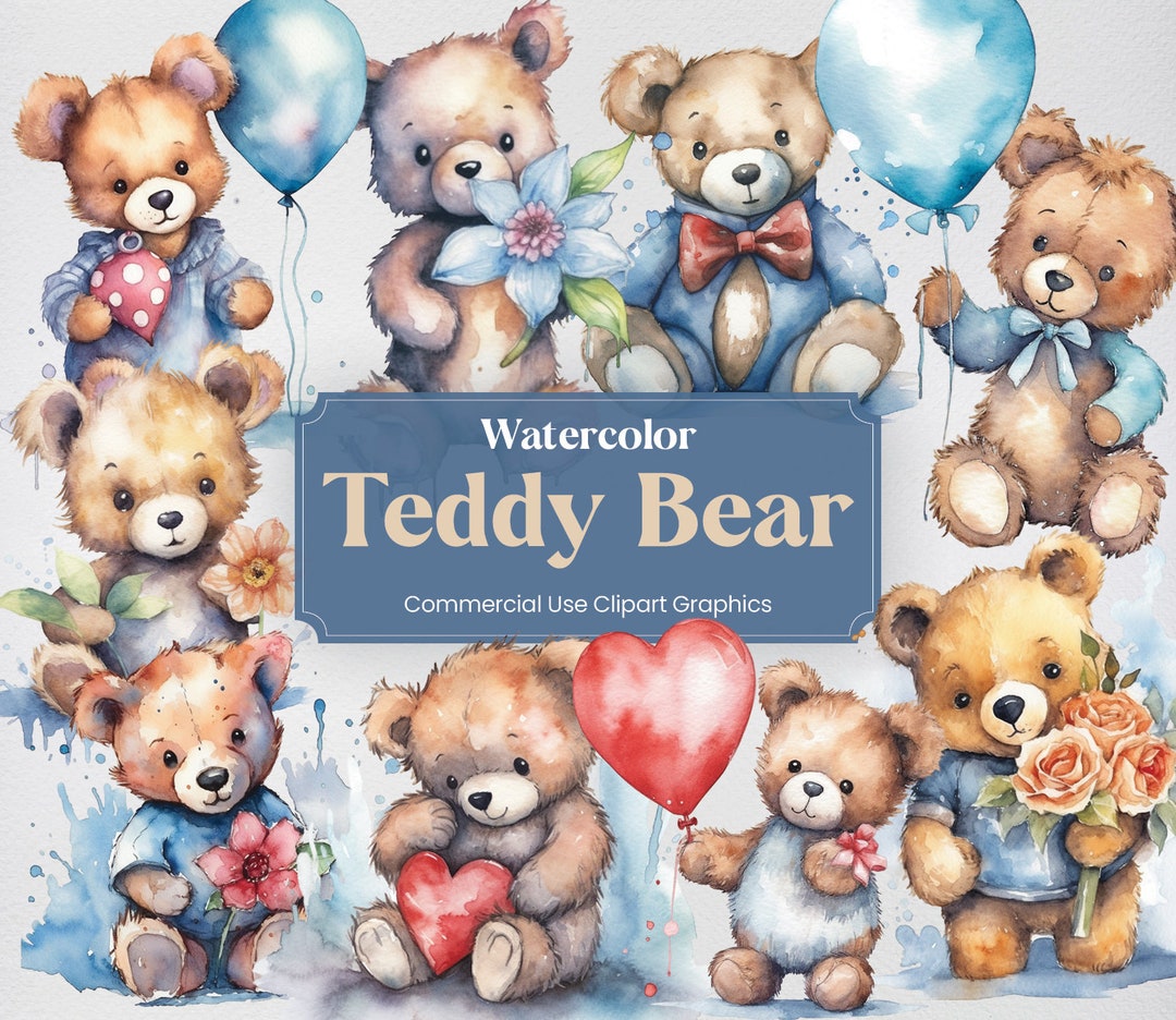 Watercolor Teddy Bear, 40 Cute Toy Teddy Bears Clipart, Digital Prints ...