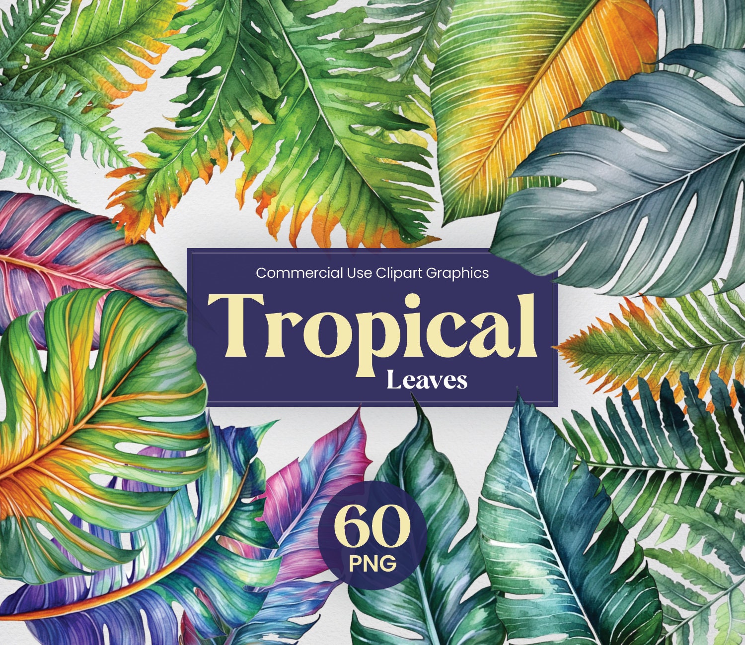 Watercolor Tropical Leaves Clipart 60 Island Leaf Bundle. - Etsy