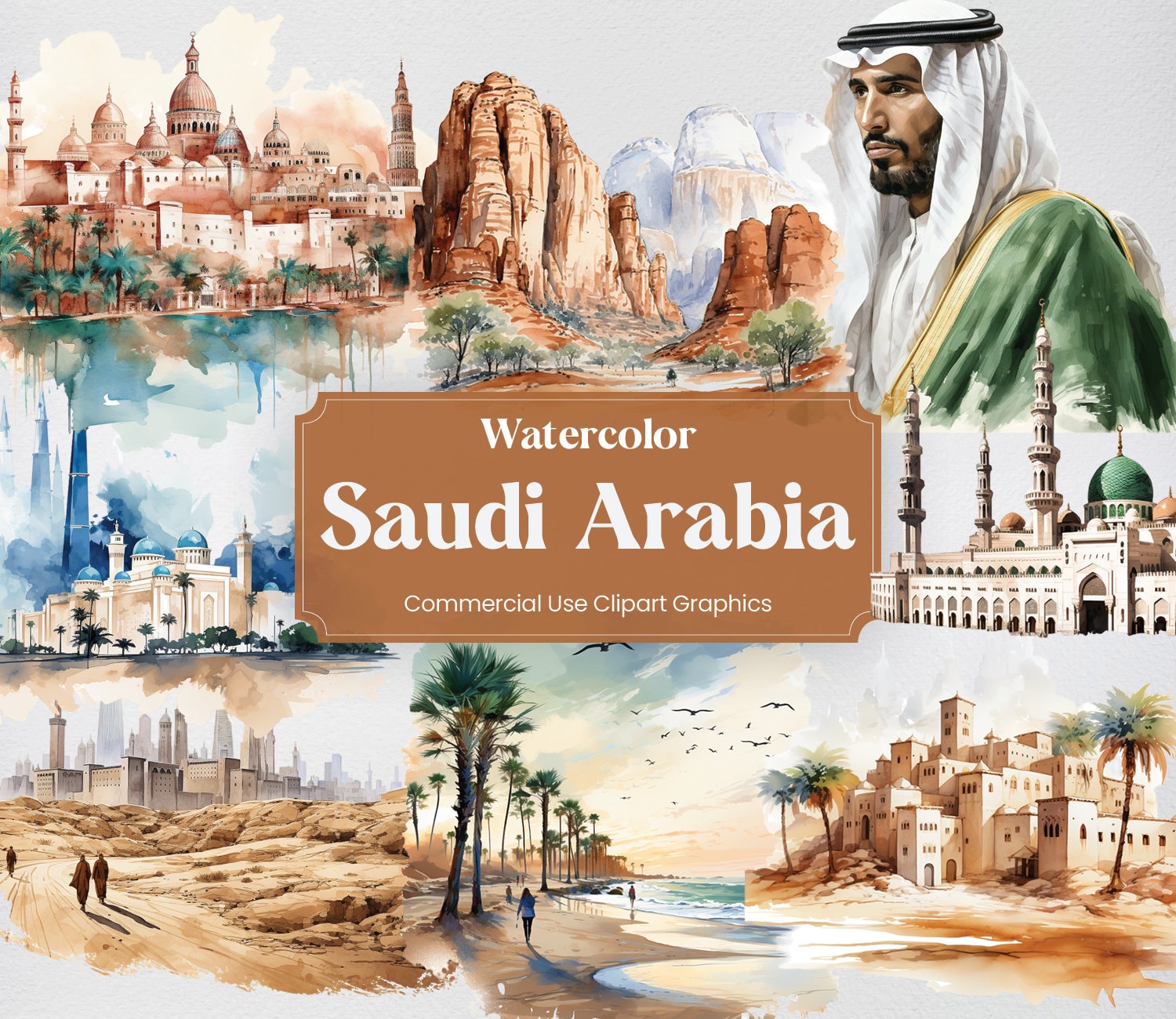 Watercolor Saudi Arabia, 42 Arabian Landmarks, Travel Vacation Digital ...