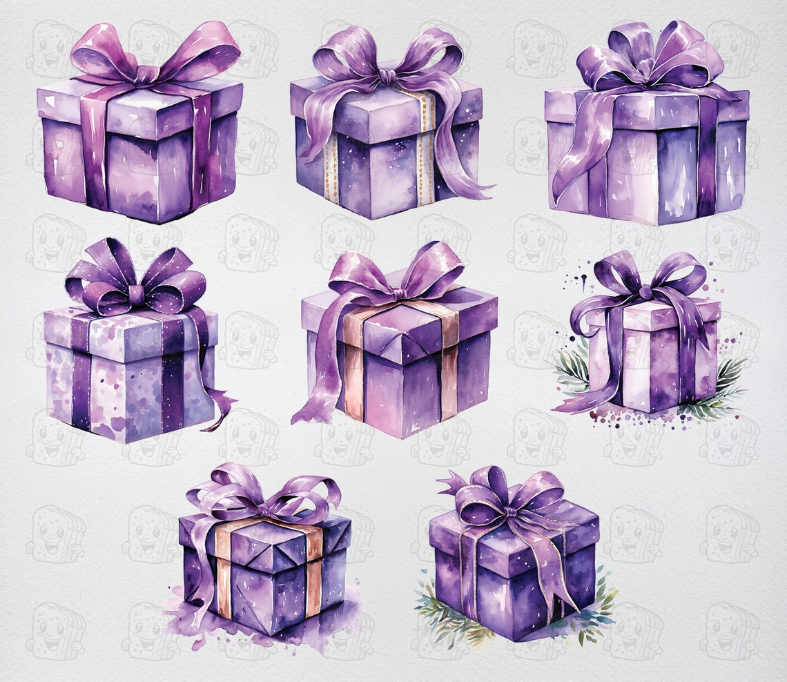 Watercolor Purple Christmas Presents 8 Festivities Clipart - Etsy