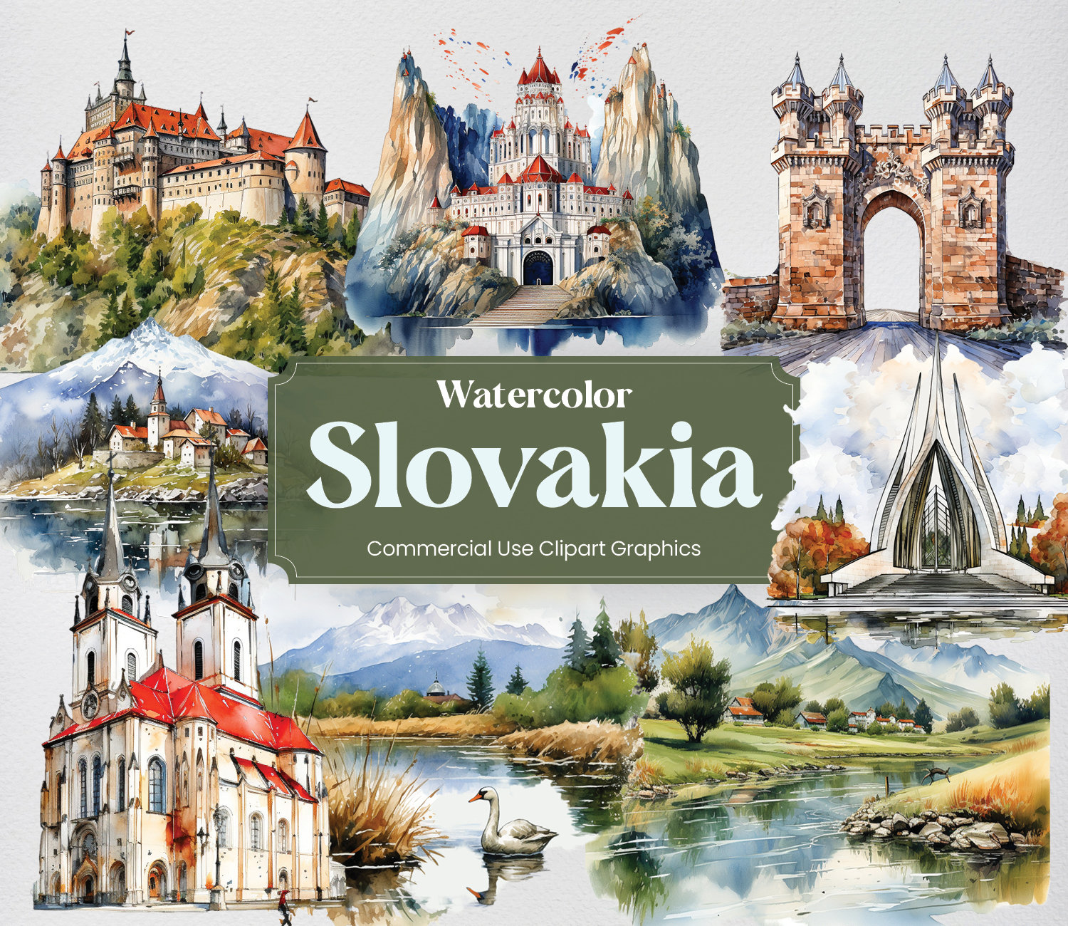 Watercolor Slovakia, 49 Slovak Landmarks, Travel Vacation Holiday ...