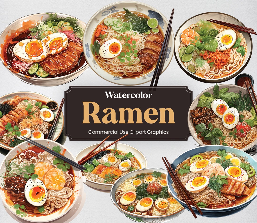 Watercolor Ramen, 11 Japanese Cuisine Noodles Broth Tonkatsu Miso Shoyu ...