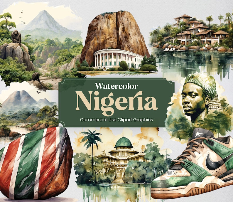 Watercolor Nigeria, 49 Nigerian Landmarks, Travel Vacation Holiday Digital Print, Clipart PNG ...