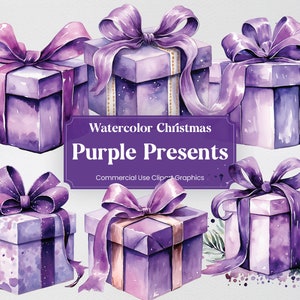 Watercolor Purple Christmas Presents, 8 Festivities Clipart, Advent ...