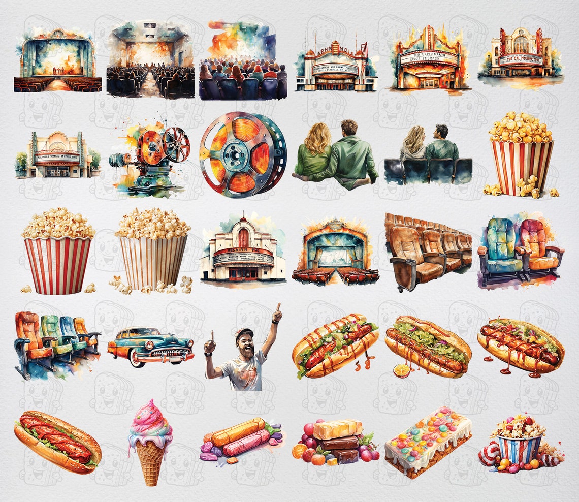 Watercolor Movie Theatre, 63 Cinema Clipart Mega Bundle Digital Prints ...