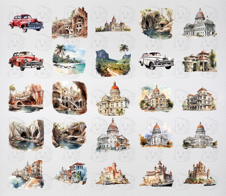 Watercolor Cuba, 45 Cuban Landmarks, Travel Vacation Holiday Digital ...