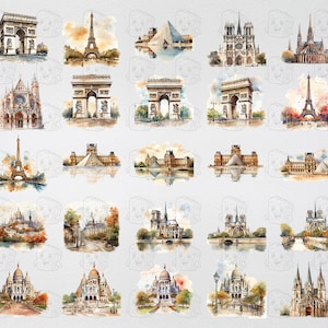 Watercolor Paris, 25 Parisian Landmarks, Travel Vacation Holiday ...