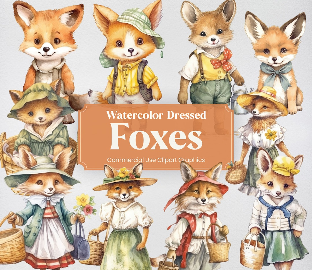 Watercolor Fox in Dress, 25 Cute Foxes in Clothes Clipart, Digital ...