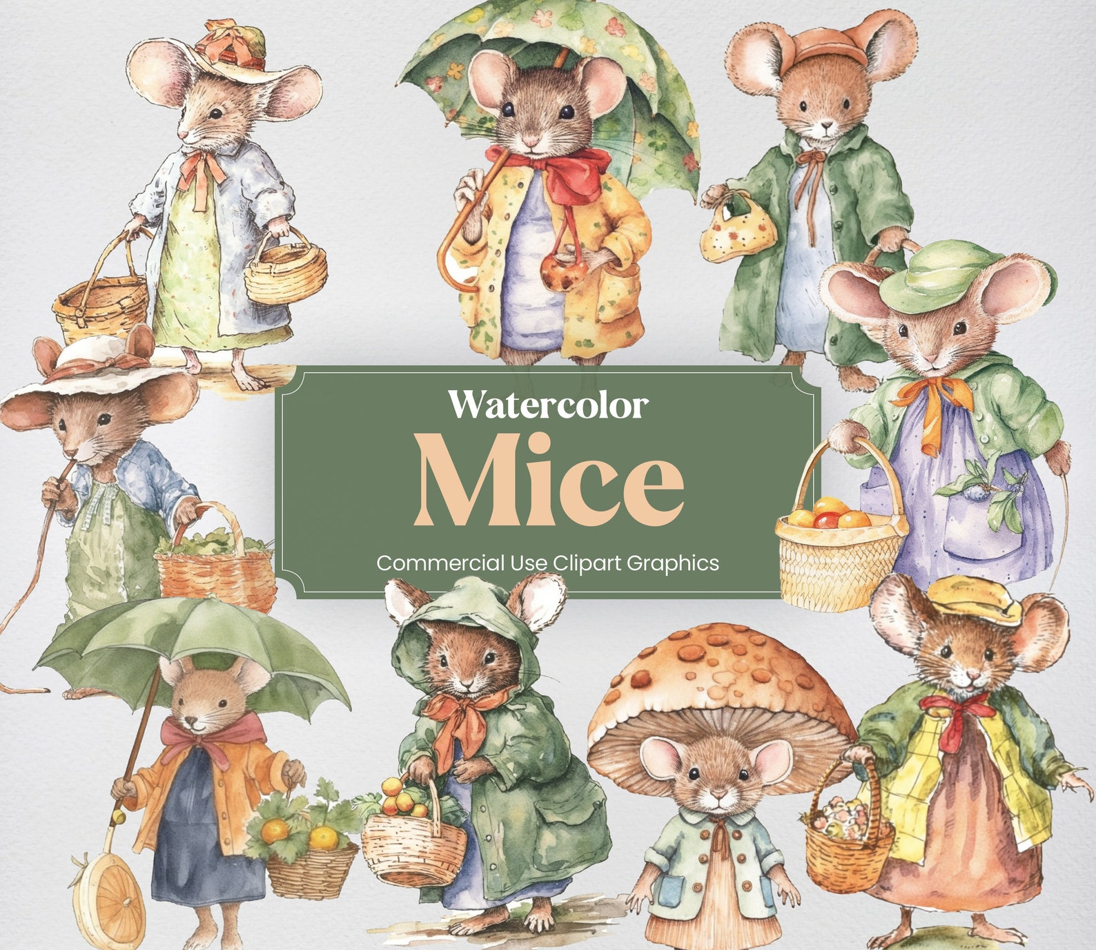 Watercolor Mouse in Dress, 25 Cute Mice Clipart, Animal Digital Prints ...