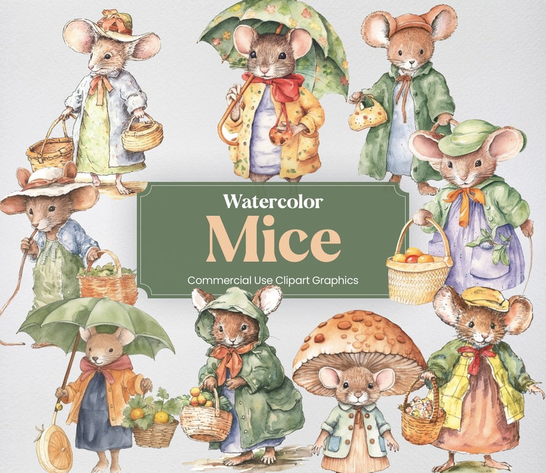 Watercolor Mouse in Dress, 25 Cute Mice Clipart, Animal Digital Prints ...