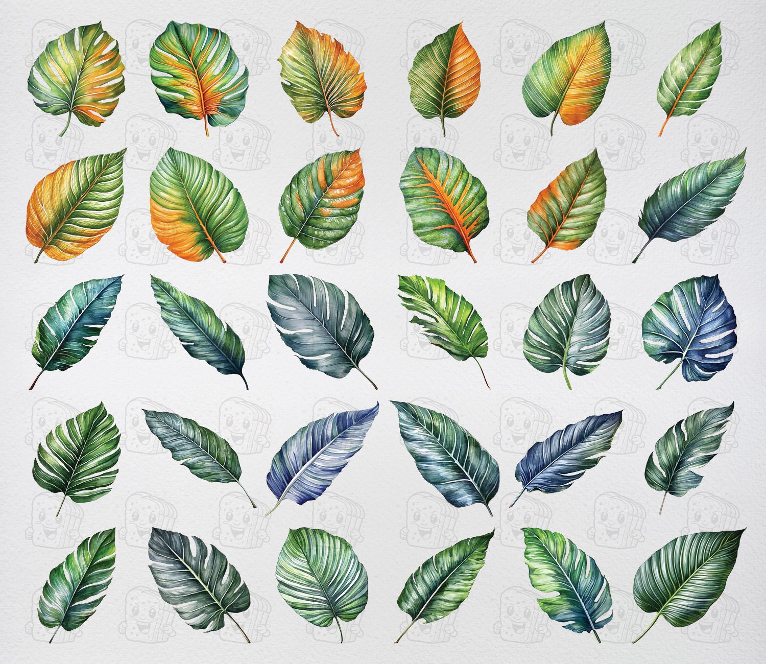 Watercolor Tropical Leaves Clipart, 60 Island Leaf Bundle. Flora ...