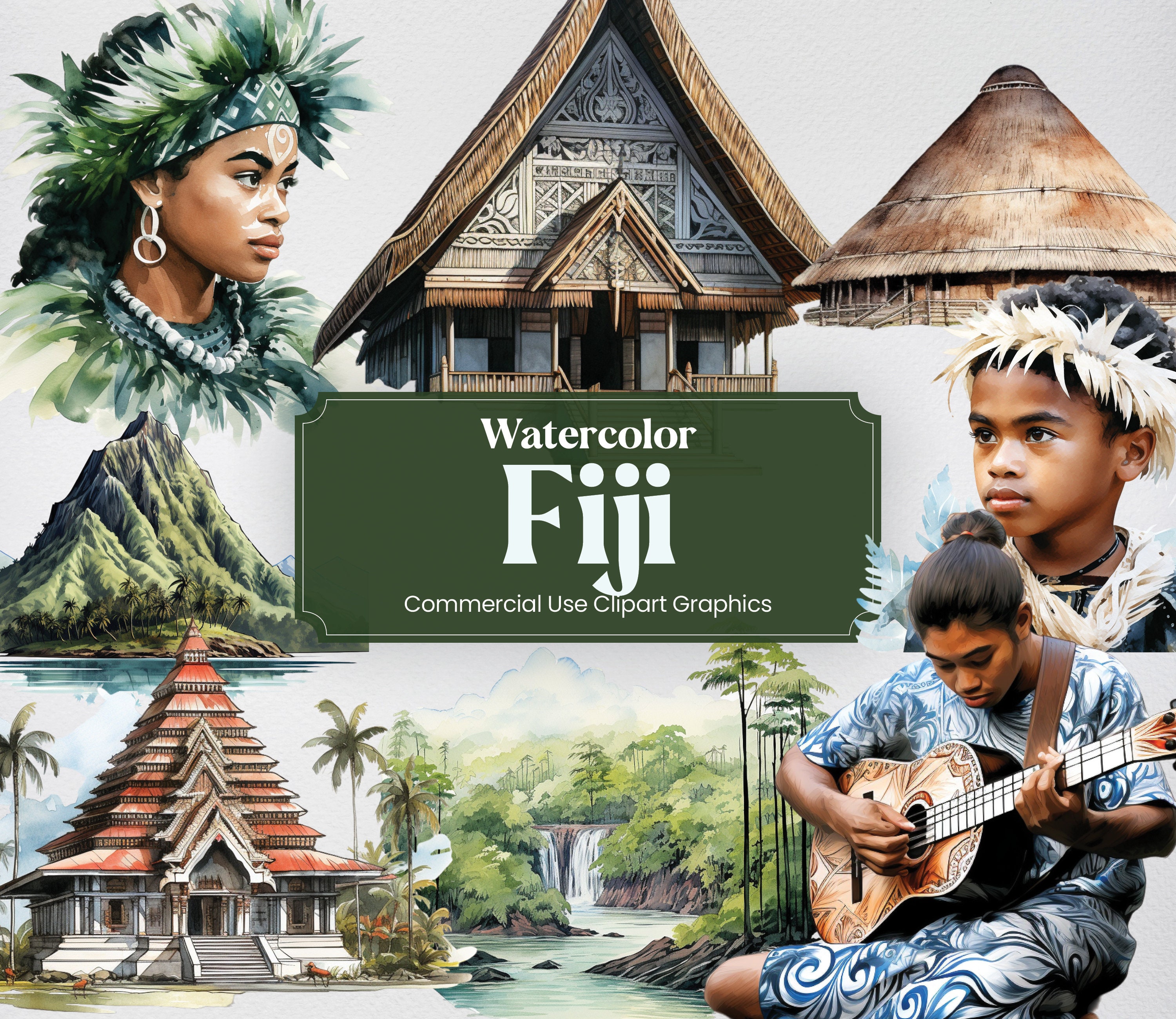 Watercolor Fiji, 45 Fijian Landmarks, Travel Vacation Holiday Digital ...