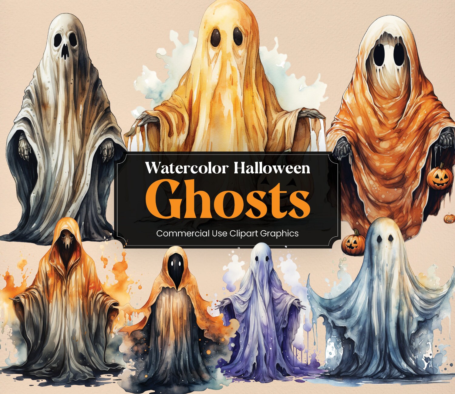 Watercolor Halloween Ghost, 12 Spooky Clipart, Scary H'ween Digital ...