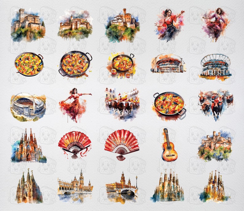 Watercolor Spain, 31 Spanish Landmarks, Travel Vacation Holiday Digital ...