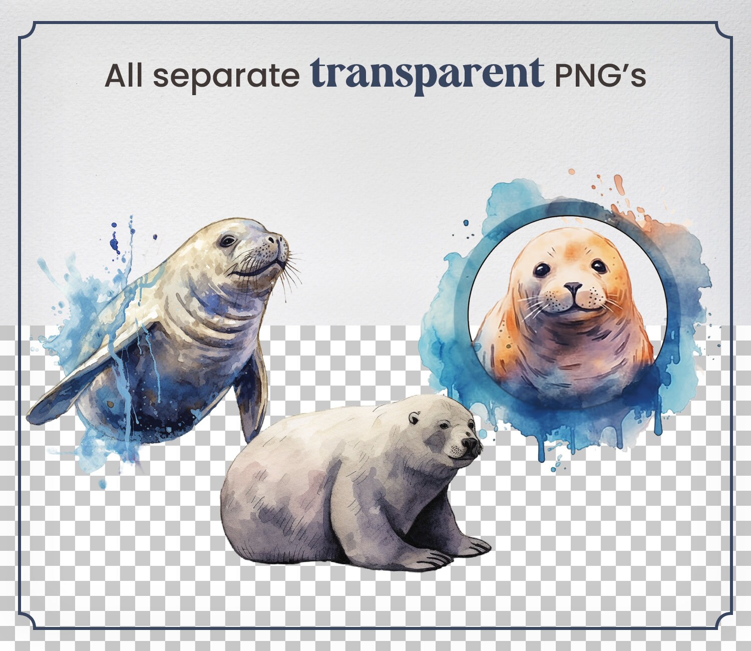 Watercolor Seal, 25 Cute Baby Seals, Digital Marine Animal Prints, Blue ...