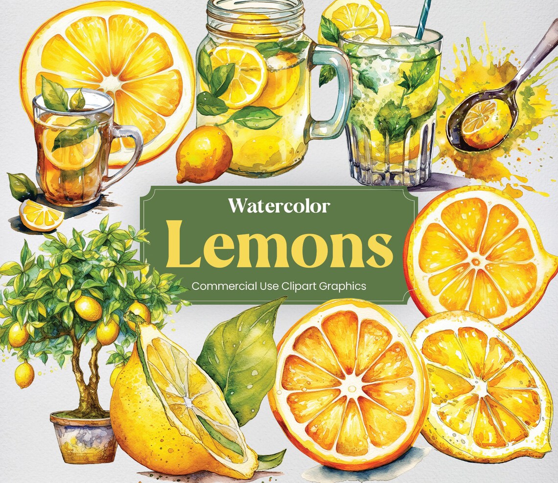 Watercolor Lemon, 37 Lemons Fruit Clipart, Plant and Tree Digital ...